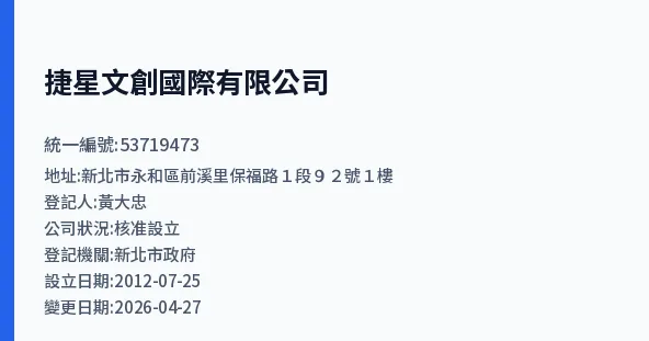 捷星文創國際有限公司的照片-統編 53719473(新北市) 公司登記資料與營業項目詳細圖表