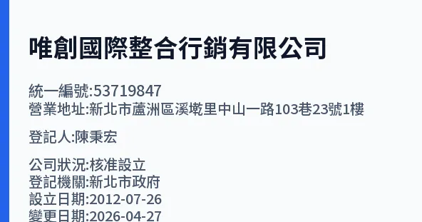 唯創國際整合行銷有限公司的照片-統編 53719847(新北市) 公司登記資料與營業項目詳細圖表
