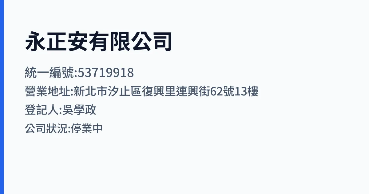 永正安有限公司 - 統編 53719918(新北市) 公司登記資料與營業項目詳細圖表