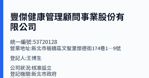 豐傑健康管理顧問事業股份有限公司的照片-統編 53720128(新北市) 公司登記資料與營業項目詳細圖表