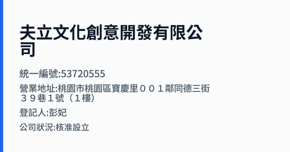 夫立文化創意開發有限公司 - 統編 53720555(桃園市) 公司登記資料與營業項目詳細圖表