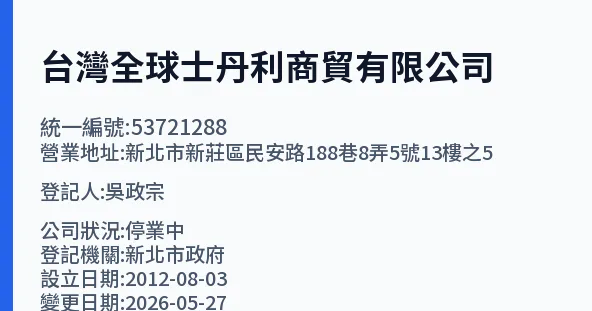 台灣全球士丹利商貿有限公司的照片-統編 53721288(新北市) 公司登記資料與營業項目詳細圖表