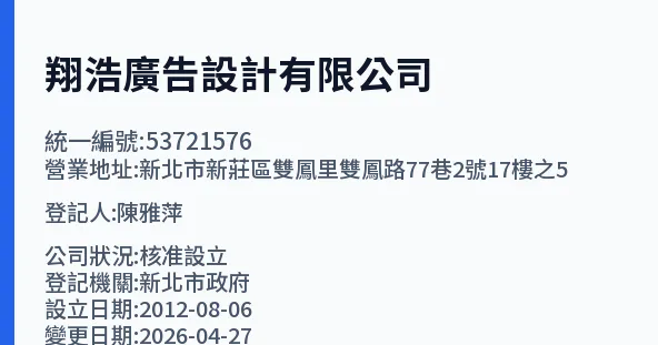 翔浩廣告設計有限公司的照片-統編 53721576(新北市) 公司登記資料與營業項目詳細圖表