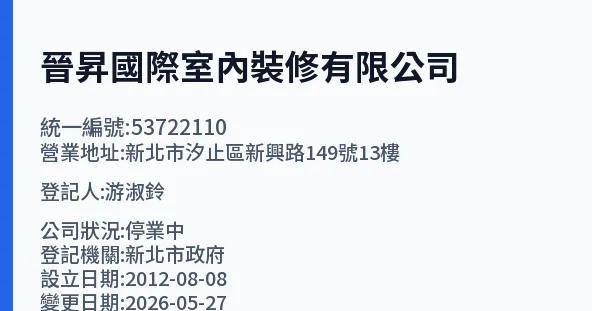 晉昇國際室內裝修有限公司的照片-統編 53722110(新北市) 公司登記資料與營業項目詳細圖表