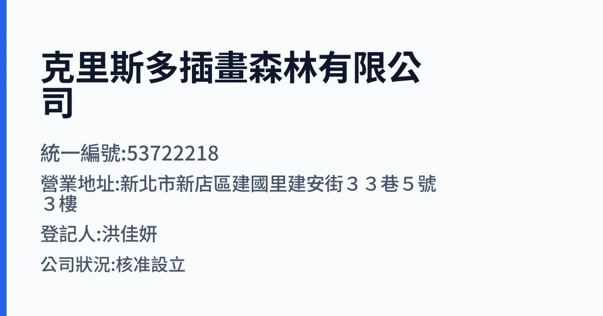 克里斯多插畫森林有限公司 - 統編 53722218(新北市) 公司登記資料與營業項目詳細圖表