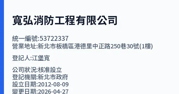 寬弘消防工程有限公司的照片-統編 53722337(新北市) 公司登記資料與營業項目詳細圖表