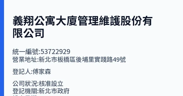 義翔公寓大廈管理維護股份有限公司的照片-統編 53722929(新北市) 公司登記資料與營業項目詳細圖表