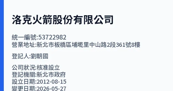 洛克火箭股份有限公司的照片-統編 53722982(新北市) 公司登記資料與營業項目詳細圖表