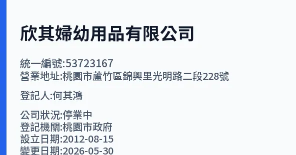欣其婦幼用品有限公司的照片-統編 53723167(桃園市) 公司登記資料與營業項目詳細圖表