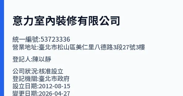 意力室內裝修有限公司的照片-統編 53723336(臺北市) 公司登記資料與營業項目詳細圖表