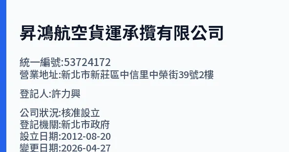 昇鴻航空貨運承攬有限公司的照片-統編 53724172(新北市) 公司登記資料與營業項目詳細圖表