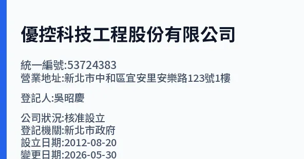 優控科技工程股份有限公司的照片-統編 53724383(新北市) 公司登記資料與營業項目詳細圖表
