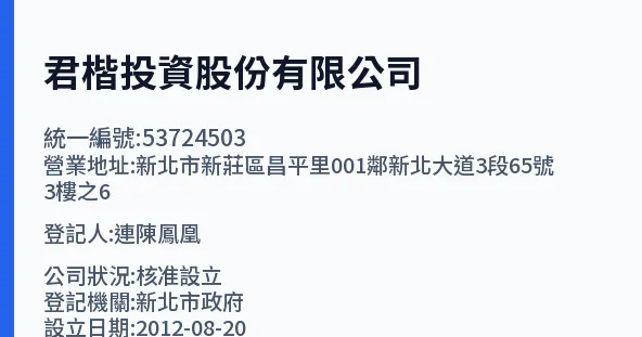 君楷投資股份有限公司的照片-統編 53724503(新北市) 公司登記資料與營業項目詳細圖表