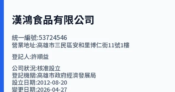 漢鴻食品有限公司的照片-統編 53724546(高雄市) 公司登記資料與營業項目詳細圖表