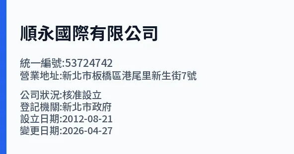 順永國際有限公司的照片-統編 53724742(新北市) 公司登記資料與營業項目詳細圖表