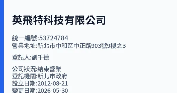 英飛特科技有限公司的照片-統編 53724784(新北市) 公司登記資料與營業項目詳細圖表