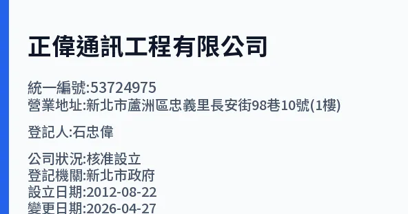 正偉通訊工程有限公司的照片-統編 53724975(新北市) 公司登記資料與營業項目詳細圖表