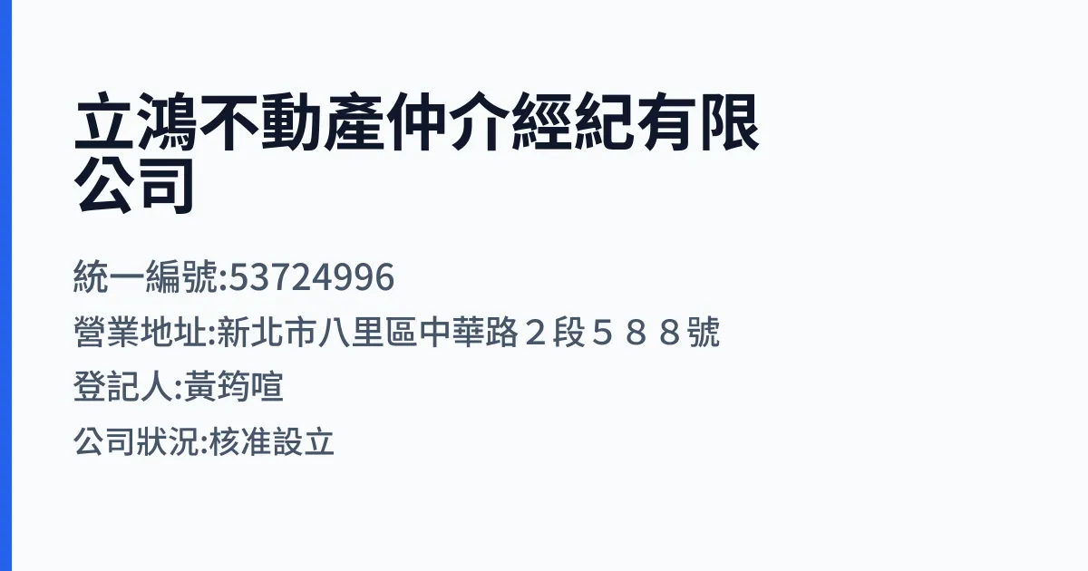 立鴻不動產仲介經紀有限公司 - 統編 53724996(新北市) 公司登記資料與營業項目詳細圖表