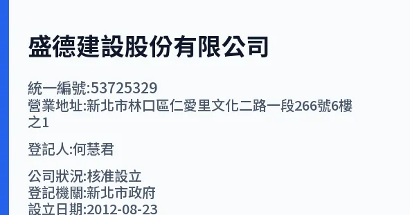 盛德建設股份有限公司的照片-統編 53725329(新北市) 公司登記資料與營業項目詳細圖表