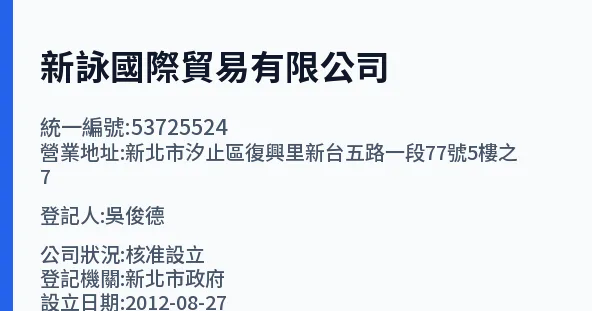 新詠國際貿易有限公司的照片-統編 53725524(新北市) 公司登記資料與營業項目詳細圖表