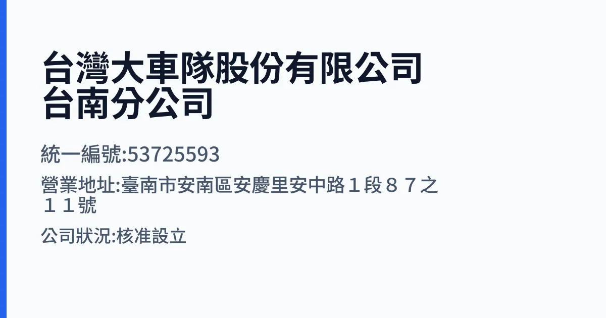 台灣大車隊股份有限公司台南分公司 - 統編 53725593(臺南市) 公司登記資料與營業項目詳細圖表
