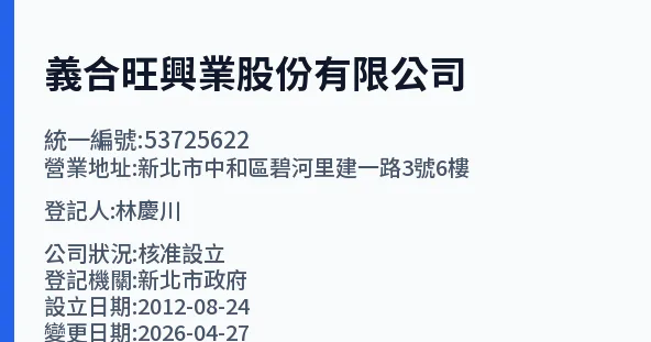 義合旺興業股份有限公司的照片-統編 53725622(新北市) 公司登記資料與營業項目詳細圖表