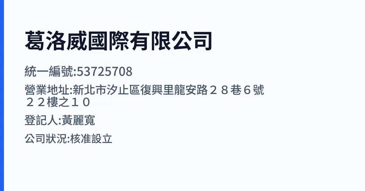 葛洛威國際有限公司 - 統編 53725708(新北市) 公司登記資料與營業項目詳細圖表