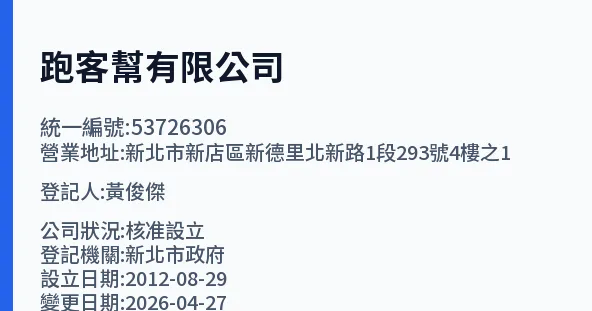 跑客幫有限公司的照片-統編 53726306(新北市) 公司登記資料與營業項目詳細圖表