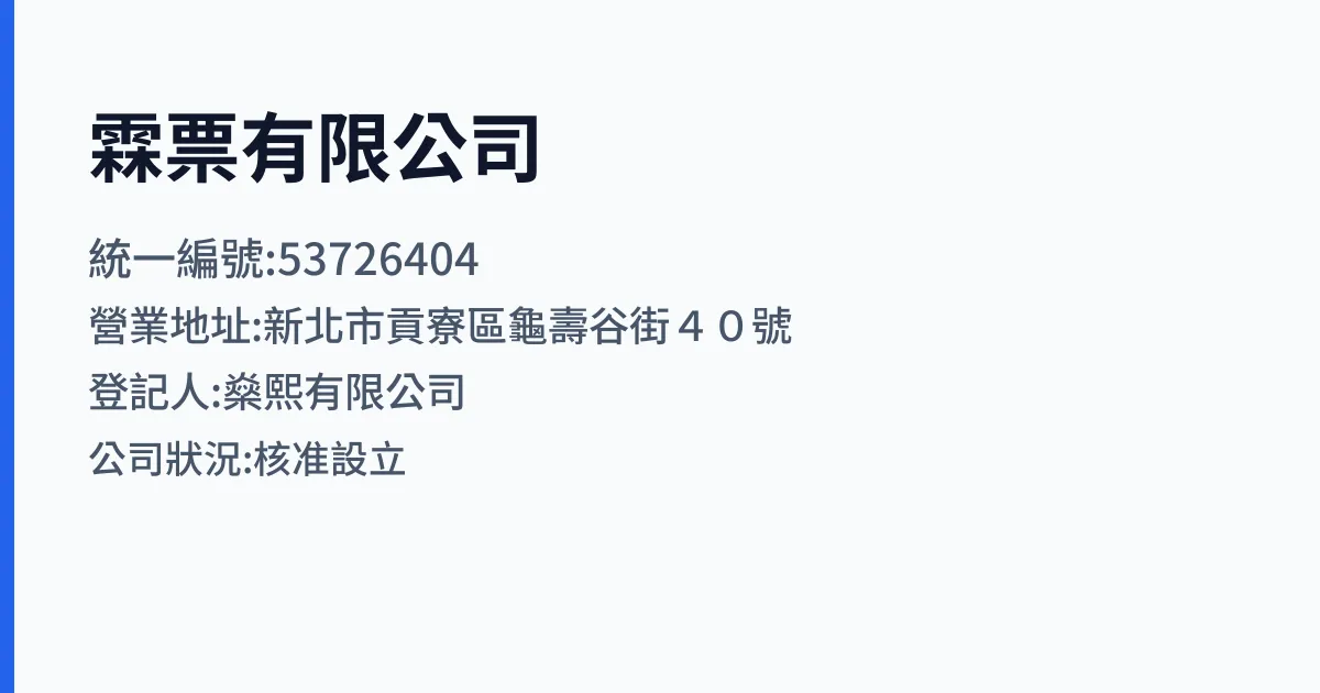 霖票有限公司 - 統編 53726404(新北市) 公司登記資料與營業項目詳細圖表