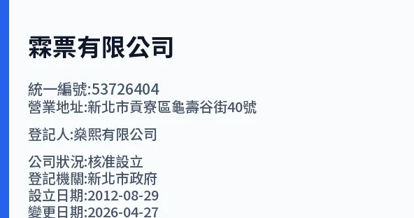 霖票有限公司的照片-統編 53726404(新北市) 公司登記資料與營業項目詳細圖表