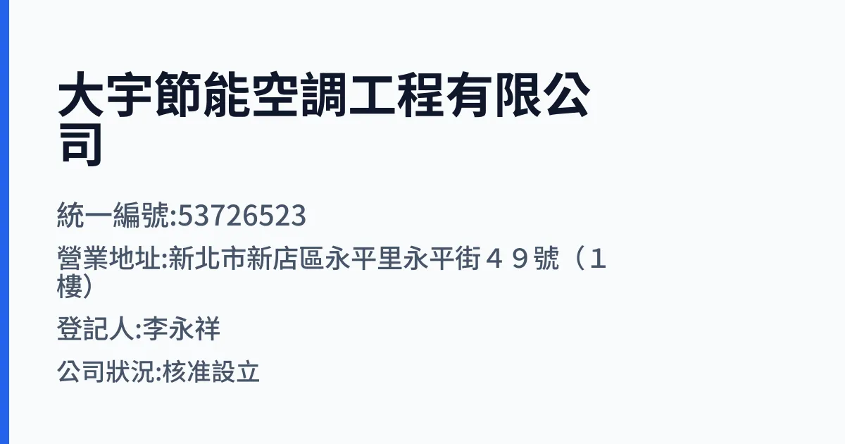 大宇節能空調工程有限公司 - 統編 53726523(新北市) 公司登記資料與營業項目詳細圖表