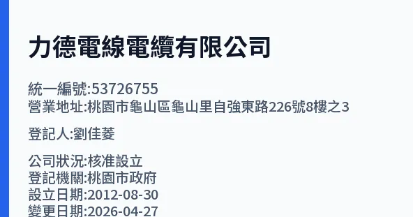力德電線電纜有限公司的照片-統編 53726755(桃園市) 公司登記資料與營業項目詳細圖表
