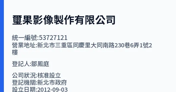 璽果影像製作有限公司的照片-統編 53727121(新北市) 公司登記資料與營業項目詳細圖表
