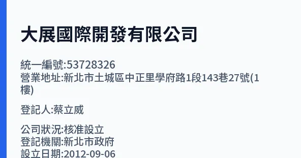 大展國際開發有限公司的照片-統編 53728326(新北市) 公司登記資料與營業項目詳細圖表