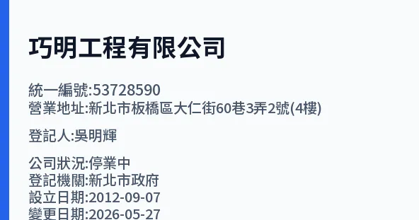 巧明工程有限公司的照片-統編 53728590(新北市) 公司登記資料與營業項目詳細圖表