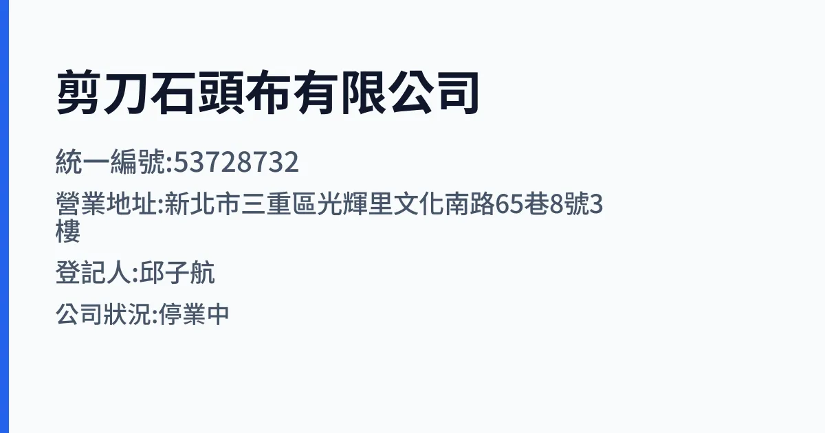 剪刀石頭布有限公司 - 統編 53728732(新北市) 公司登記資料與營業項目詳細圖表