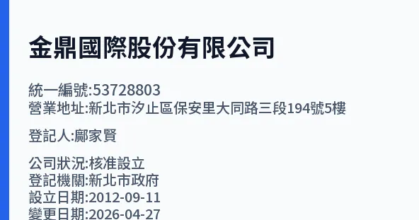 金鼎國際股份有限公司的照片-統編 53728803(新北市) 公司登記資料與營業項目詳細圖表