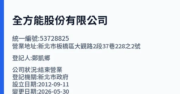 全方能股份有限公司的照片-統編 53728825(新北市) 公司登記資料與營業項目詳細圖表