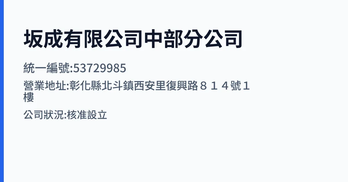 坂成有限公司中部分公司 - 統編 53729985(彰化縣) 公司登記資料與營業項目詳細圖表