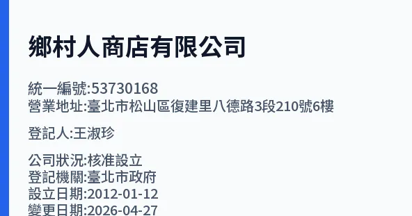 鄉村人商店有限公司的照片-統編 53730168(臺北市) 公司登記資料與營業項目詳細圖表