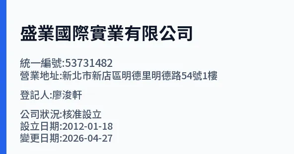 盛業國際實業有限公司的照片-統編 53731482(新北市) 公司登記資料與營業項目詳細圖表