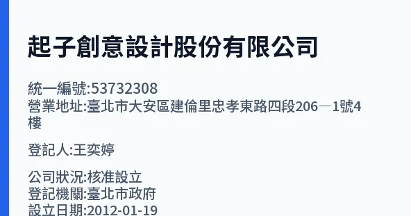 起子創意設計股份有限公司的照片-統編 53732308(臺北市) 公司登記資料與營業項目詳細圖表