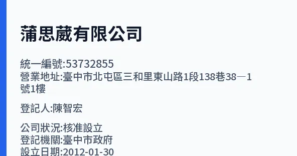 蒲思葳有限公司的照片-統編 53732855(臺中市) 公司登記資料與營業項目詳細圖表