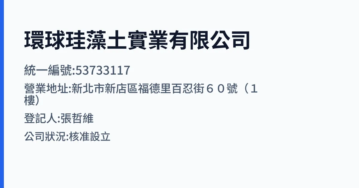 環球珪藻土實業有限公司 - 統編 53733117(新北市) 公司登記資料與營業項目詳細圖表