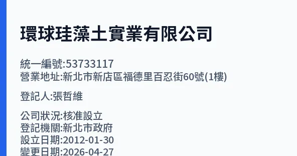 環球珪藻土實業有限公司的照片-統編 53733117(新北市) 公司登記資料與營業項目詳細圖表