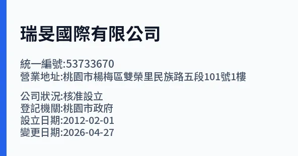 瑞旻國際有限公司的照片-統編 53733670(桃園市) 公司登記資料與營業項目詳細圖表