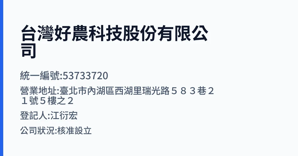 台灣好農科技股份有限公司 - 統編 53733720(臺北市) 公司登記資料與營業項目詳細圖表