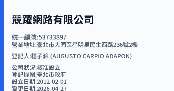 競躍網路有限公司的照片-統編 53733897(臺北市) 公司登記資料與營業項目詳細圖表