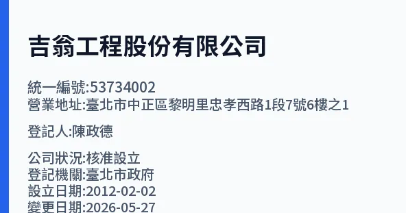 吉翁工程股份有限公司的照片-統編 53734002(臺北市) 公司登記資料與營業項目詳細圖表