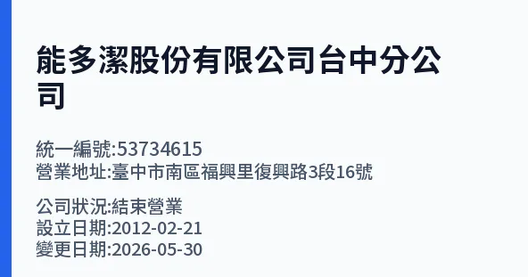 能多潔股份有限公司台中分公司的照片-統編 53734615(臺中市) 公司登記資料與營業項目詳細圖表